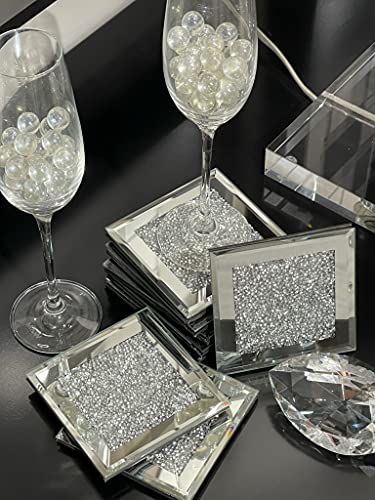 Glass Coasters for Drinks, Set of 4, Diamond Decor, Silver Crystal Coaster, Mirrored Elegant, Fancy, Glam, for Home Kitchen Table Bar Accessories, Square (4" x 4")