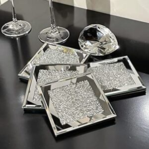 Glass Coasters for Drinks, Set of 4, Diamond Decor, Silver Crystal Coaster, Mirrored Elegant, Fancy, Glam, for Home Kitchen Table Bar Accessories, Square (4" x 4")