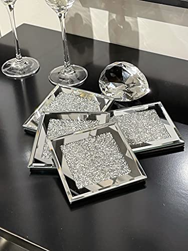 Glass Coasters for Drinks, Set of 4, Diamond Decor, Silver Crystal Coaster, Mirrored Elegant, Fancy, Glam, for Home Kitchen Table Bar Accessories, Square (4" x 4")