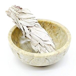 KC KULLICRAFT Marble Soapstone Natural Smudge Pot | Stone Bowl | Scrying And Smudge Bowl (Scrying - Bowls & Mirrors) (5 Inch) From India. Handmade Leaf Carved Design.