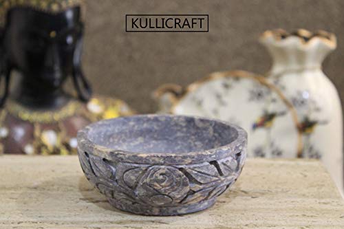 KC KULLICRAFT Marble Soapstone Natural Smudge Pot | Stone Bowl | Scrying And Smudge Bowl (Scrying - Bowls & Mirrors) (5 Inch) From India. Handmade Leaf Carved Design.