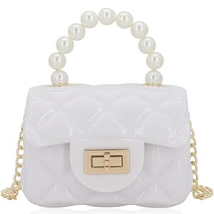 mini jelly purse flap handbag with pearls top handle faux quilted crossbody bag white