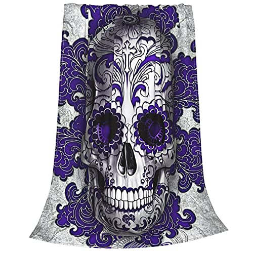 Blue Sugar Skull Floral Throw Blanket Warm Ultra-Soft Micro Fleece Blanket for Bed Couch Living Room Decoration