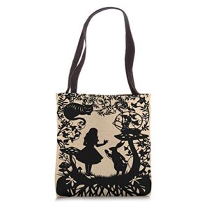 silhouette of alice in wonderland and cat caterpillar rabbit tote bag