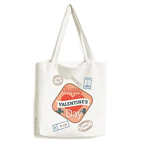 Happy Valentine's Day Heart Angel Stamp Shopping Ecofriendly Storage Canvas Tote Bag