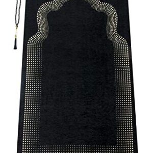 Muslim Prayer Rug with Prayer Beads | Janamaz | Sajadah | Soft Islamic Prayer Rug with Mihrab Design | Islamic Gifts | Prayer Carpet Mat, Chenille Fabric, Black