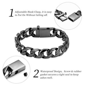 shajwo Cremation Urn Bracelet for Human Ashes for Men,Cuban Link Bracelet Cremation Jewelry for Ashes Urn Keepsake Memorial Ash Holder Bracelet,Black 22cm