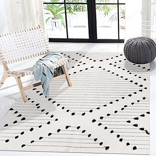 Boho Cotton Area Rug 4’ x 6’, Large Hand Woven Washable Indoor Accent Rugs, Moroccan Geometric Throw Floor Carpet for Living Room Bedroom Dining Room Home Decor,Off White