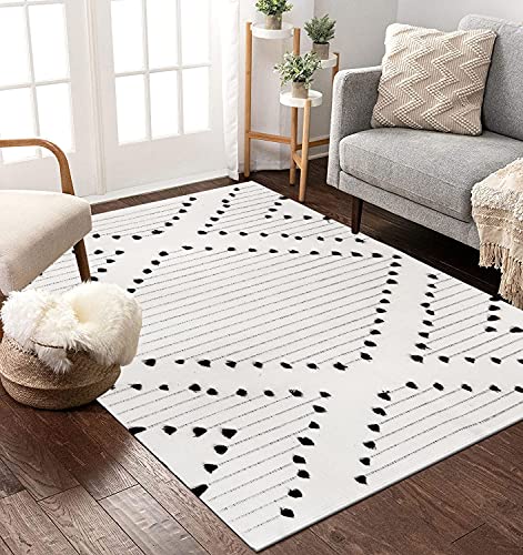 Boho Cotton Area Rug 4’ x 6’, Large Hand Woven Washable Indoor Accent Rugs, Moroccan Geometric Throw Floor Carpet for Living Room Bedroom Dining Room Home Decor,Off White