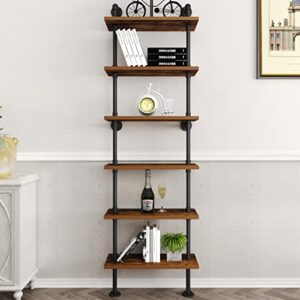 homekayt industrial pipe shelf rustic wood wall shelf ladder bookshelf wall mounted storage decor shelf for home, office, living room(6-tier)-black