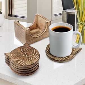 Drink coasters set of 6 with holder – Handmade Wooden coasters for Coffee, Tea, Mugs, Cups, Wine Glasses – Housewarming gift - Premium quality (Owl Design)