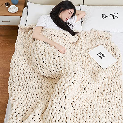 Chunky Knit Throw Blanket,Soft Chenille Yarn Big Knitted Throw Blanket, 100% Hand Knit,Couch Throw Blanket,Cable Knit Blanket, Gifts and Home Decor. (Beige, 40''x60'')