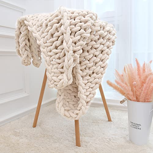 Chunky Knit Throw Blanket,Soft Chenille Yarn Big Knitted Throw Blanket, 100% Hand Knit,Couch Throw Blanket,Cable Knit Blanket, Gifts and Home Decor. (Beige, 40''x60'')