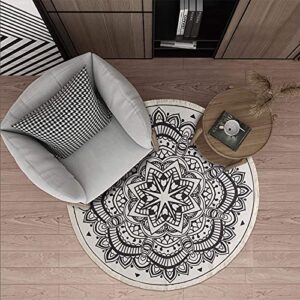 Jucoan 4Ft Round Cotton Area Rug, Chic Decorative Boho Mandala Circle Rug with Tassels, Washable Indoor Floor Throw Area Rug for Living Room, Kid Playroom, Nursery Room