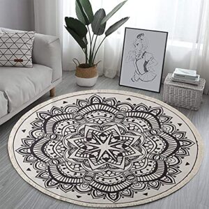 Jucoan 4Ft Round Cotton Area Rug, Chic Decorative Boho Mandala Circle Rug with Tassels, Washable Indoor Floor Throw Area Rug for Living Room, Kid Playroom, Nursery Room