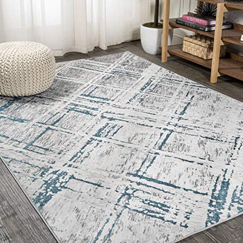 JONATHAN Y SOR201A-5 Slant Modern Abstract Indoor Area-Rug Contemporary Solid Striped Easy-Cleaning Bedroom Kitchen Living Room Non Shedding, 5 ft x 8 ft, Gray/Turquoise