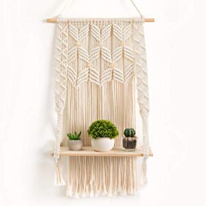 omomio macrame wall hanging shelf – bohemian wall decor for bedroom – woven rope macrame wall art as boho bathroom shelf decor – macrame shelf wall hanging plant hanger with crochet wall hangings