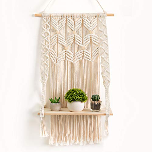 OMOMIO Macrame Wall Hanging Shelf - Bohemian Wall Decor for Bedroom - Woven Rope Macrame Wall Art as Boho Bathroom Shelf Decor - Macrame Shelf Wall Hanging Plant Hanger with Crochet Wall Hangings