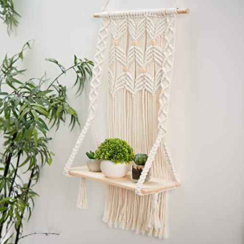 OMOMIO Macrame Wall Hanging Shelf - Bohemian Wall Decor for Bedroom - Woven Rope Macrame Wall Art as Boho Bathroom Shelf Decor - Macrame Shelf Wall Hanging Plant Hanger with Crochet Wall Hangings