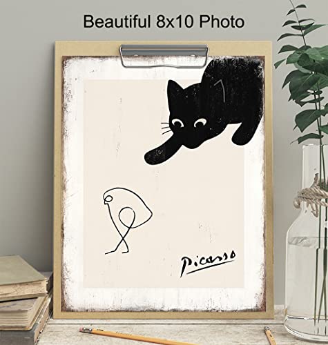 Pablo Picasso Wall Art & Decor - Cat Wall Decor - Cute Cat Lover Gifts for Women - Abstract art Minimalist Mid-century modern Line art - Gallery Wall Art - Rustic Black cat Home Decor - Picasso Poster