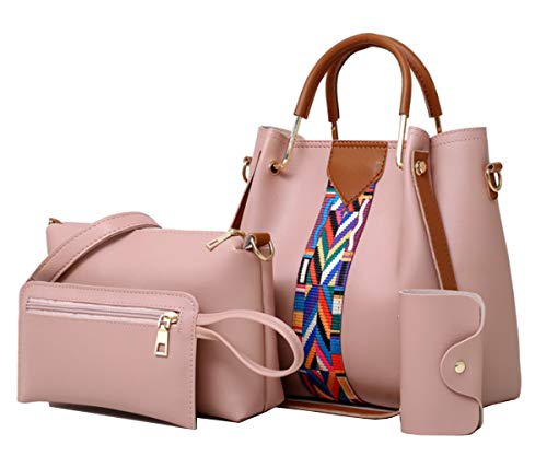 Rullar Women Handbag Set 4 in 1 Top Handle Bag Soft PU Leather Tote Satchel Stitching Shoulder Clutch Bag Purse Wallet Pink