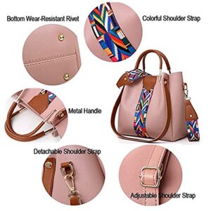 Rullar Women Handbag Set 4 in 1 Top Handle Bag Soft PU Leather Tote Satchel Stitching Shoulder Clutch Bag Purse Wallet Pink