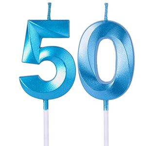 blue 50th birthday candles for cakes, number 50 5 glitter candle cake topper for party anniversary wedding celebration decoration