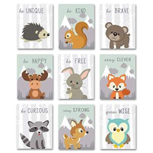 chditb woodland animals decor baby nursery wall art cartoon forest animal wall art painting set of 9(8×10 inches) motivational saying jungle fox owl artwork art prints for kids children room bedroom decoration