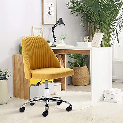 HOMEFLA Home Office Chair, Modern Linen Fabric Chair Adjustable Swivel Task Chair Mid-Back Cute Upholstered Armless Computer Desk Chair with Wheels for Bedroom Studying Room Vanity Room (Yellow)