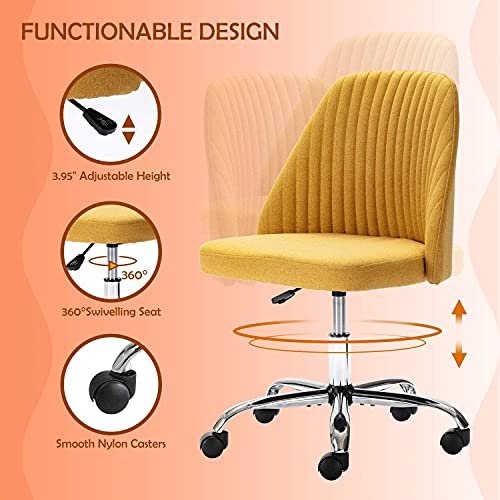 HOMEFLA Home Office Chair, Modern Linen Fabric Chair Adjustable Swivel Task Chair Mid-Back Cute Upholstered Armless Computer Desk Chair with Wheels for Bedroom Studying Room Vanity Room (Yellow)