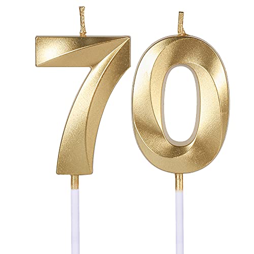 Gold 70th Birthday Candles for Cakes, Number 70 7 Glitter Candle Cake Topper for Party Anniversary Wedding Celebration Decoration