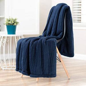 Chanasya Navy Blue Soft Cable Knit Throw Blanket - Fluffy Sherpa Plush Thick Warm Lightweight Cozy Modern Dark Blue Knitted Blankets - for Sofa Couch Living Room and Bed Room (50x65 Inches) - Blue