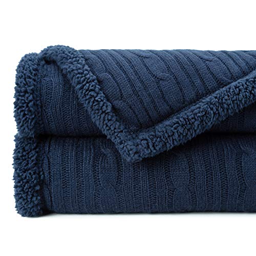 Chanasya Navy Blue Soft Cable Knit Throw Blanket - Fluffy Sherpa Plush Thick Warm Lightweight Cozy Modern Dark Blue Knitted Blankets - for Sofa Couch Living Room and Bed Room (50x65 Inches) - Blue