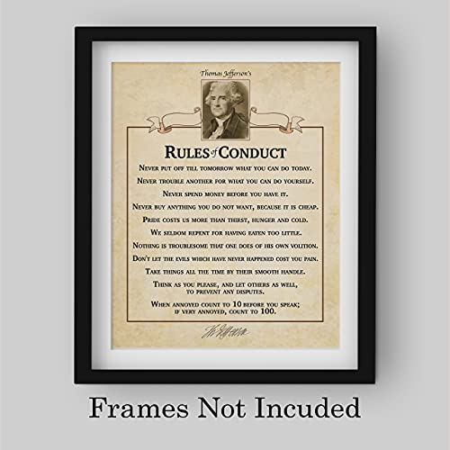 "Thomas Jefferson's Rules of Conduct"-Inspirational Wall Art Sign- 8 x 10"Motivational Quotes Poster Print w/Distressed Parchment Design-Ready to Frame. Perfect Home-Office-School-Library Decor!