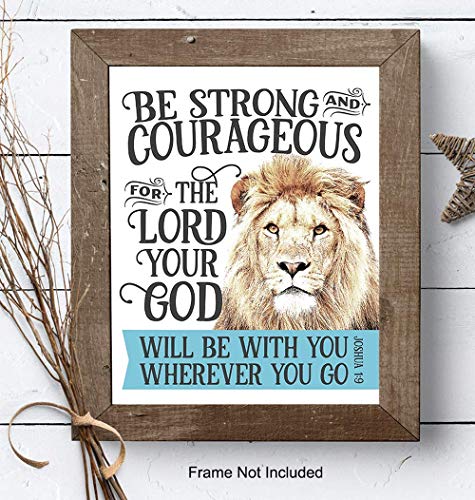 Be Strong and Courageous Wall Art - Lion Religious Scripture Decor - Christian Bible Verse Gifts for Men, Boys Bedroom, Teen Room - Motivational, Positive, Inspirational Quotes - Blessed Wall Decor