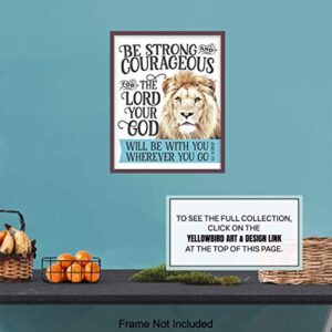 Be Strong and Courageous Wall Art - Lion Religious Scripture Decor - Christian Bible Verse Gifts for Men, Boys Bedroom, Teen Room - Motivational, Positive, Inspirational Quotes - Blessed Wall Decor