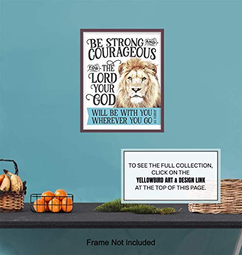 Be Strong and Courageous Wall Art - Lion Religious Scripture Decor - Christian Bible Verse Gifts for Men, Boys Bedroom, Teen Room - Motivational, Positive, Inspirational Quotes - Blessed Wall Decor