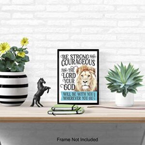 Be Strong and Courageous Wall Art - Lion Religious Scripture Decor - Christian Bible Verse Gifts for Men, Boys Bedroom, Teen Room - Motivational, Positive, Inspirational Quotes - Blessed Wall Decor