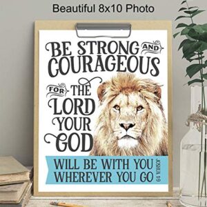 Be Strong and Courageous Wall Art - Lion Religious Scripture Decor - Christian Bible Verse Gifts for Men, Boys Bedroom, Teen Room - Motivational, Positive, Inspirational Quotes - Blessed Wall Decor