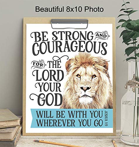 Be Strong and Courageous Wall Art - Lion Religious Scripture Decor - Christian Bible Verse Gifts for Men, Boys Bedroom, Teen Room - Motivational, Positive, Inspirational Quotes - Blessed Wall Decor