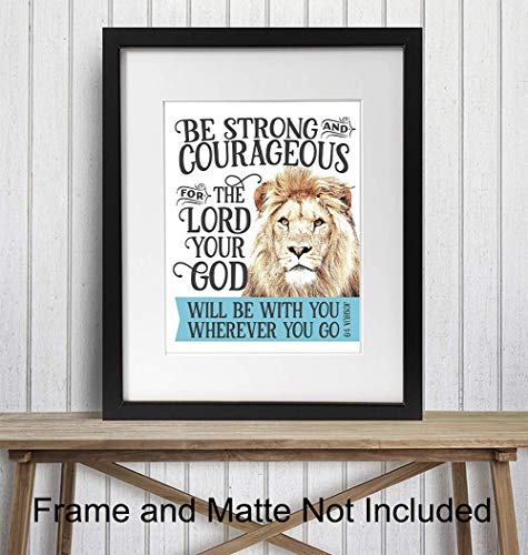 Be Strong and Courageous Wall Art - Lion Religious Scripture Decor - Christian Bible Verse Gifts for Men, Boys Bedroom, Teen Room - Motivational, Positive, Inspirational Quotes - Blessed Wall Decor