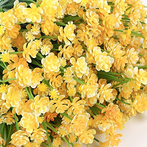 Whonline 12pcs Artificial Fall Flowers for Outdoors Plastic UV Resistant Shrubs Plants for Garden Wedding Farmhouse Indoor Outdoor Decor(Yellow)