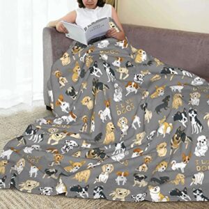 I Love Dogs Puppies Throw Blanket Flannel Bed Blanket Lightweight Cozy Plush Blanket for Bedroom Living Rooms Sofa Couch 60"x50"