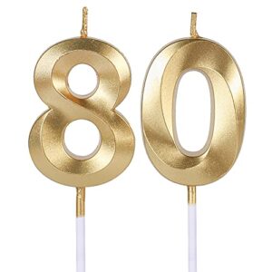 gold 80th birthday candles for cakes, number 80 8 glitter candle cake topper for party anniversary wedding celebration decoration