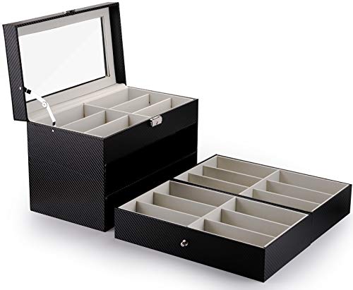 Nicunom 18 Slots Sunglasses Organizer Collector Eyeglasses Sunglass Glasses Storage Box Eyeglasses Eyewear Display Case with Drawer, Lockable, Black