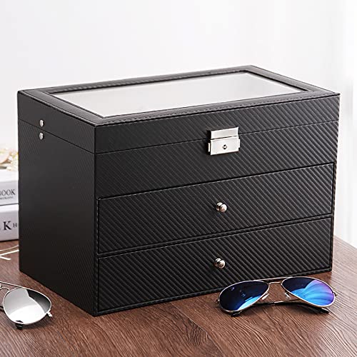 Nicunom 18 Slots Sunglasses Organizer Collector Eyeglasses Sunglass Glasses Storage Box Eyeglasses Eyewear Display Case with Drawer, Lockable, Black