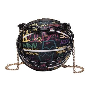 women’s graffiti letter basketball shaped purse girls mini round handbag fashion cute handle bag shoulder cross body pu leather messenger bags removable shoulder strap (black)