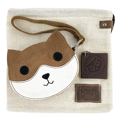 Hide & Drink, Small Cat Face Clutch Handmade from Full Grain Leather - Minimalist Purse to Carry Money, Change, Cards - Mini Pouch with Zipper - Single Malt Mahogany