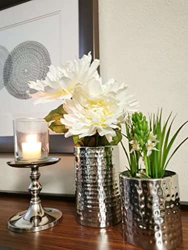 Hosley Set of 2 Silver Color Pillar (LED) Candle Holders 4" High Also usable as Vase. Ideal Gift for Wedding Party Home SPA Aromatherapy Reiki Votive Tea Light Candle Garden