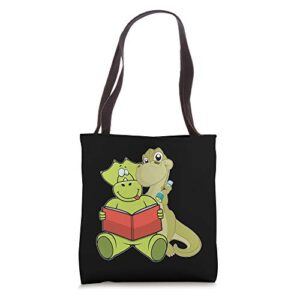 dinosaur gift kids book reading library school triceratops tote bag